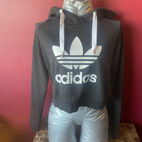 adidas | Tops | Adidas Small Black Hoodie White Logo Detail Tie Logo ...